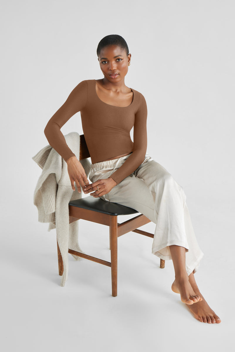 Kopi Brown Long Sleeve Square Neck Top | KLAYD